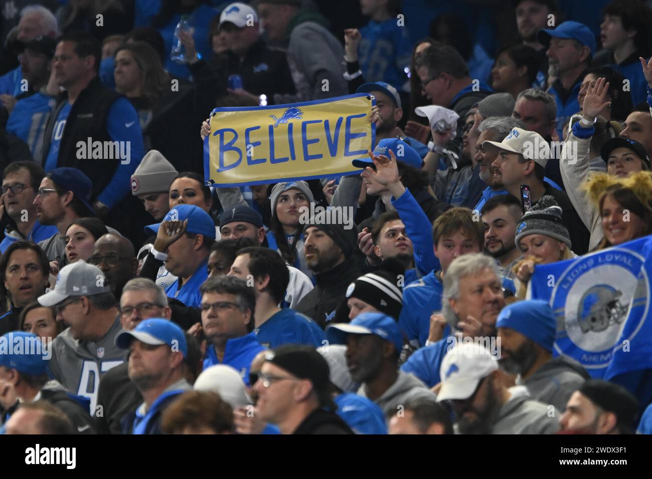 DETROIT, MI - JANUARY 21: Detroit Lions fan with a "Believe"" sign in ...