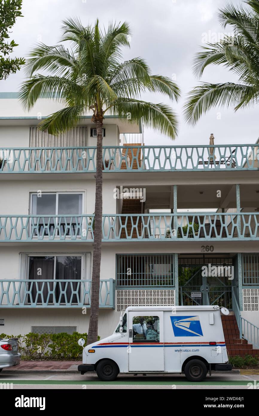 Miami, USA. 2 Nov, 2023. South Beach USPS mail delivery on Ocean Drive ...