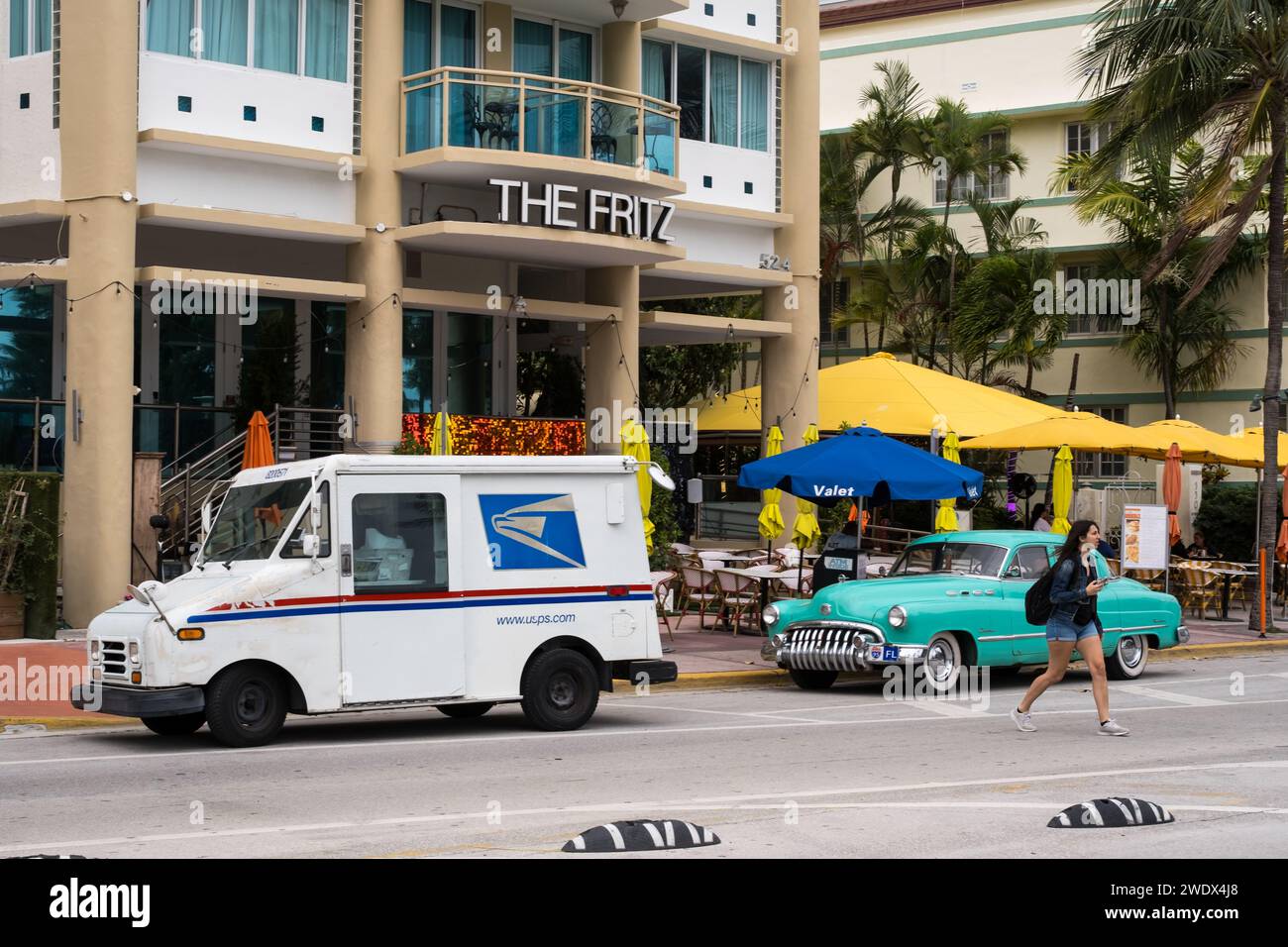 Miami, USA. 2 Nov, 2023. South Beach USPS mail delivery on Ocean Drive ...