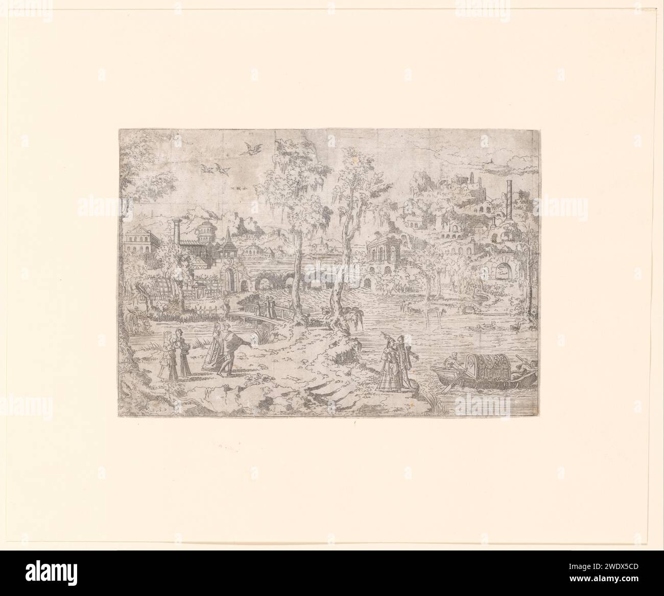 Courtings walking through a river landscape with ruins and a gondola ...