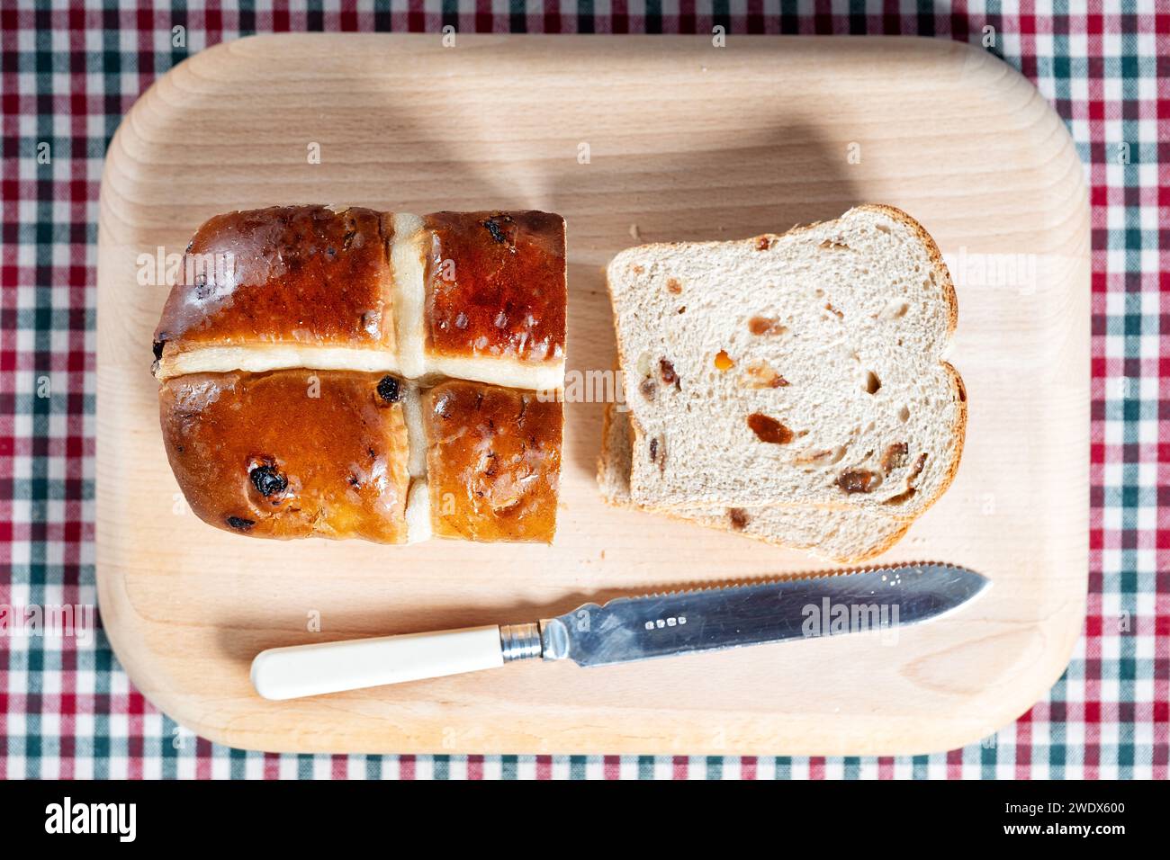 UK, Bristol: A fresh 400g Hot Cross Bun Loaf. The fruited spiced loaf ...