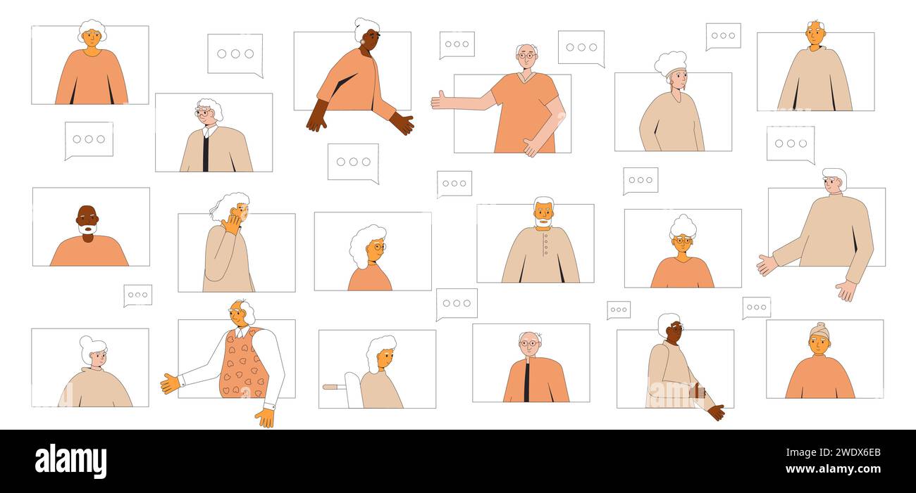 Senior aged people communication. Virtual group of elderly men and ...