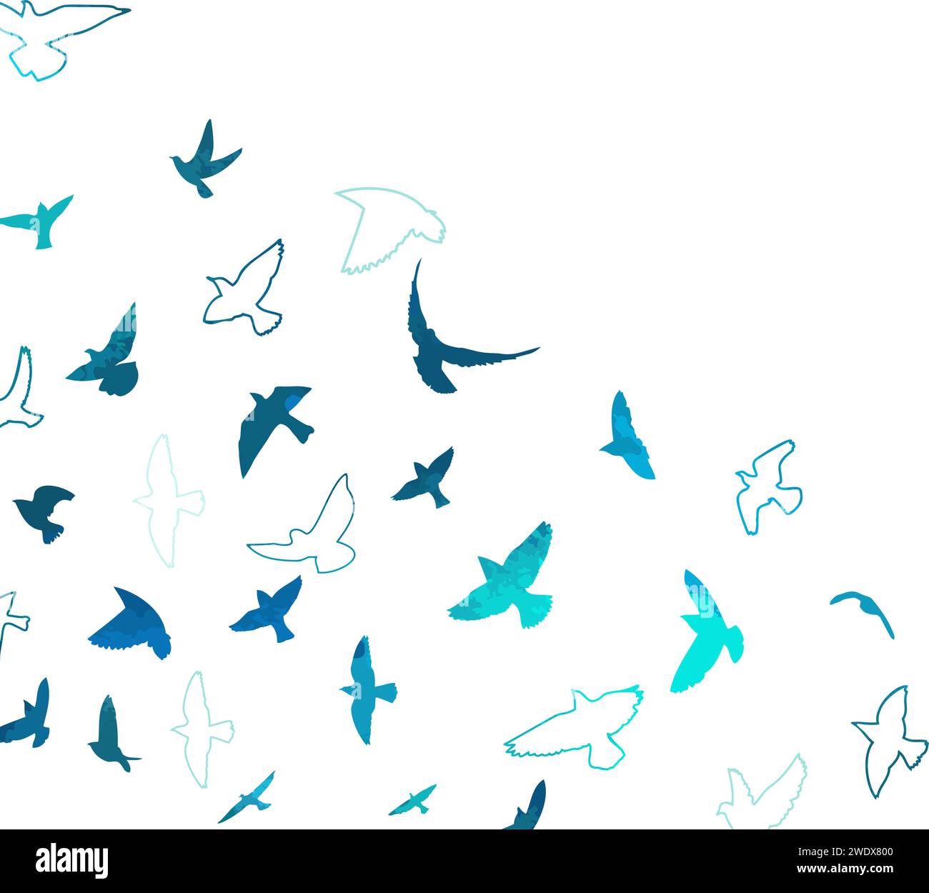 A flock of blue watercolor flying birds. Free birds abstraction. hand ...