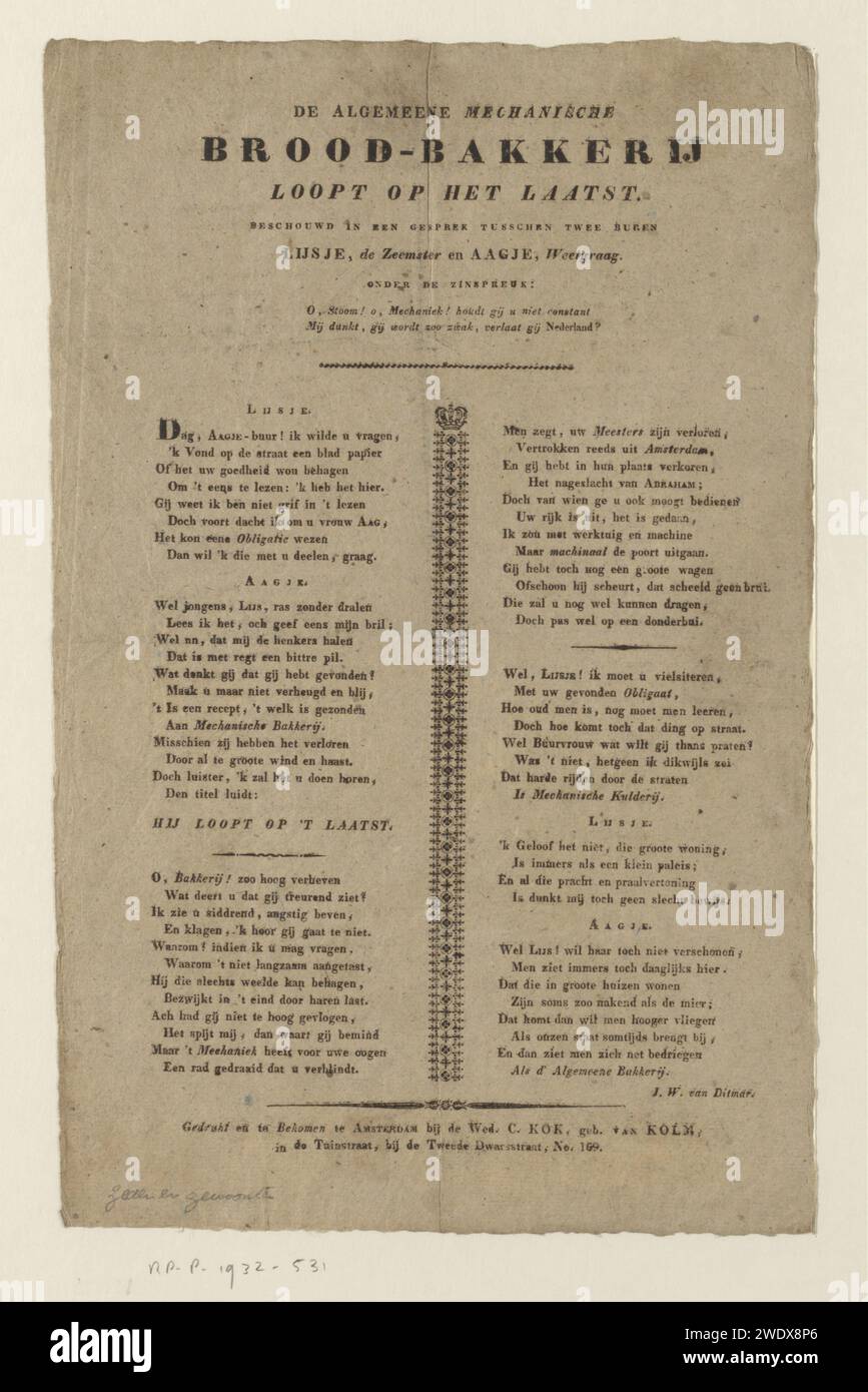 Poem in the general mechanical bread bakery, J.W van Ditmar, c. 1829 ...