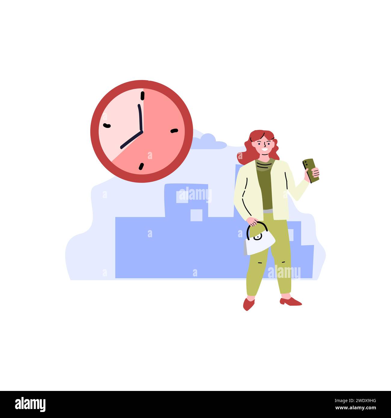 Business waiting - woman in suit with clock standing and using mobile ...