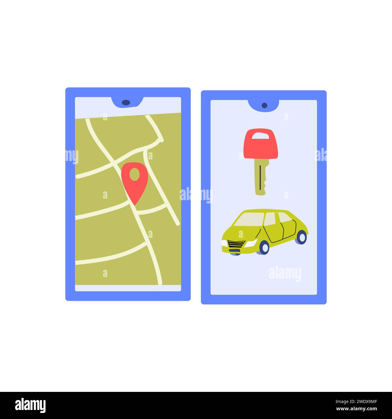 mobille app with map location mark and automobile vehicle with ...
