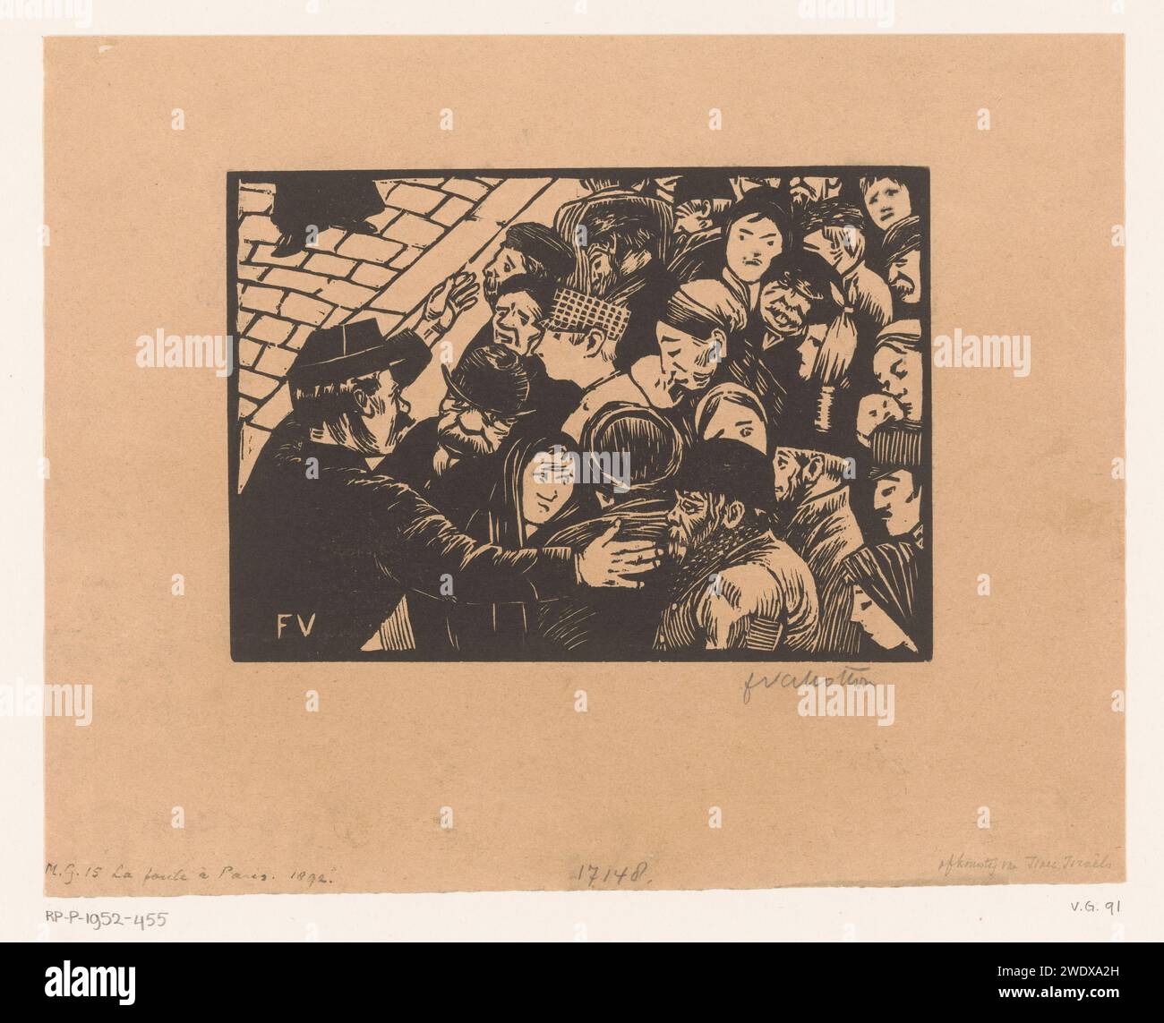 Agent stops a crowd, Félix Edouard Vallotton, 1892 print paper crowd, mob. policeman, constable ...