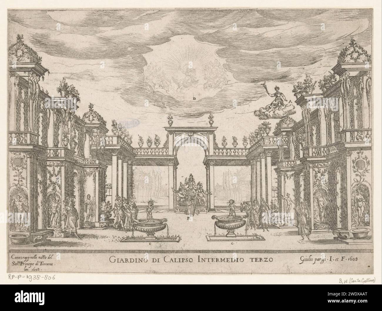 Face in a garden with an arbor, fountains and sculptures, Giulio Parigi ...