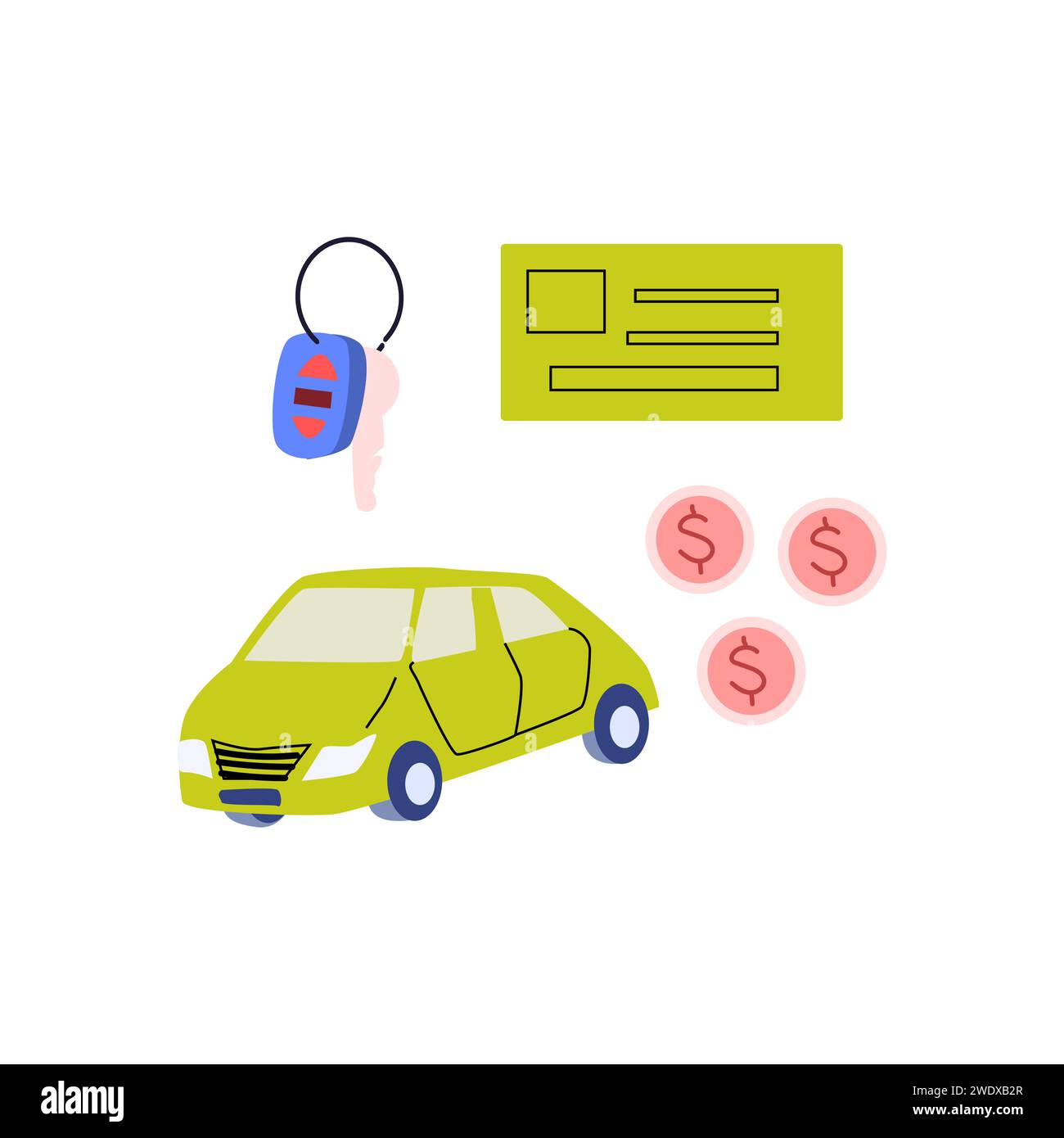 set of automobile vehicle and keys, money and card for rent transport ...