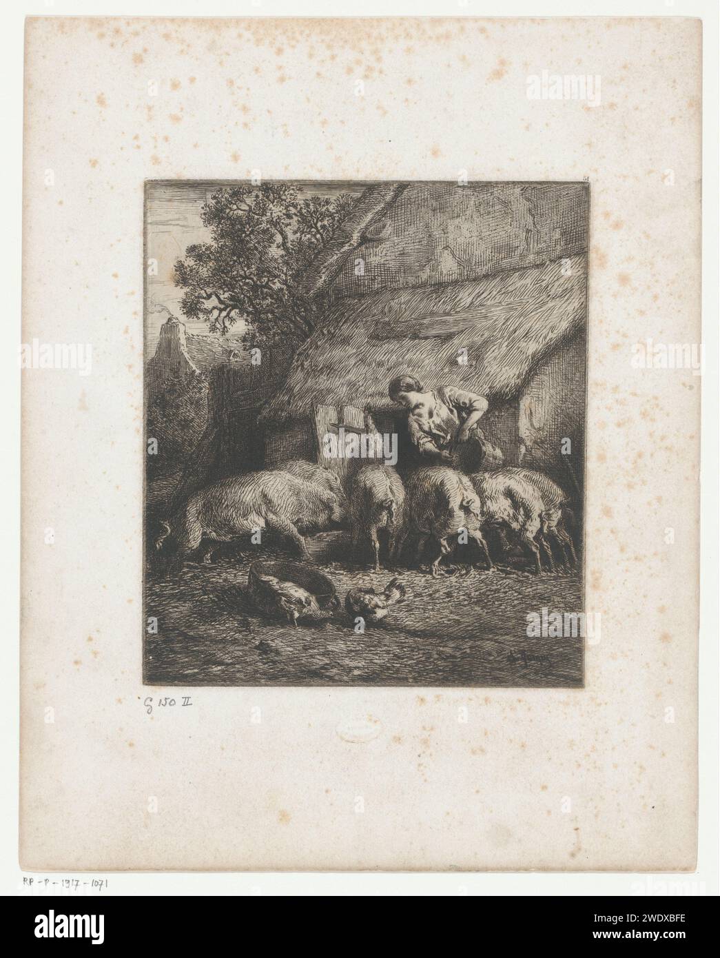 Farmer's wife feeds pigs, Charles Emile Jacque, 1850 print Numbered at ...