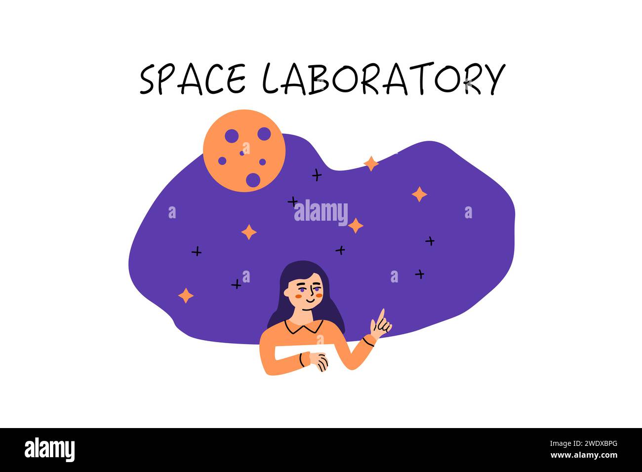 Woman points to the stars and moon space education banner. Vector ...