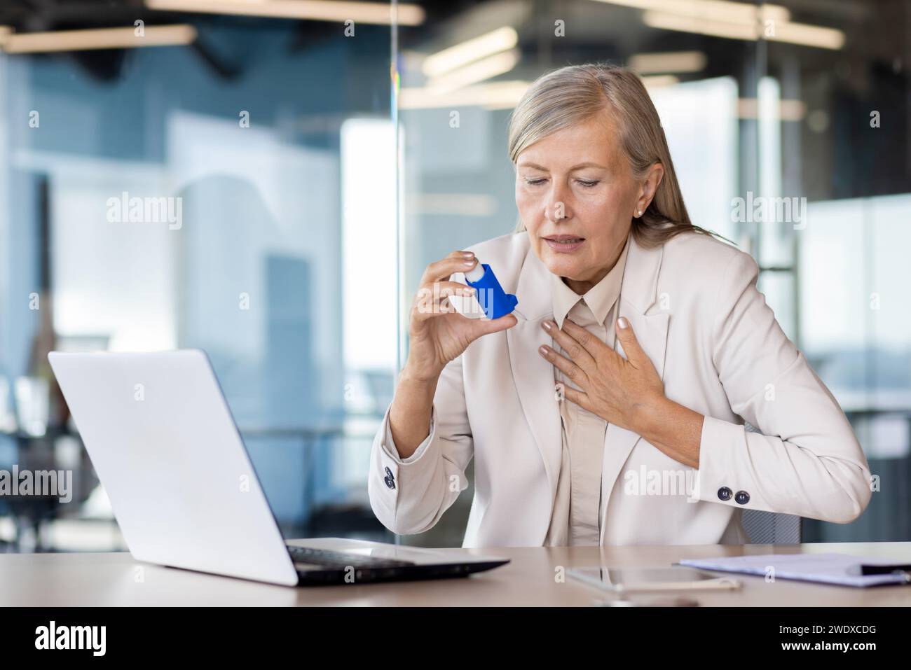 Senior gray-haired businesswoman sitting in the office at the desk and ...