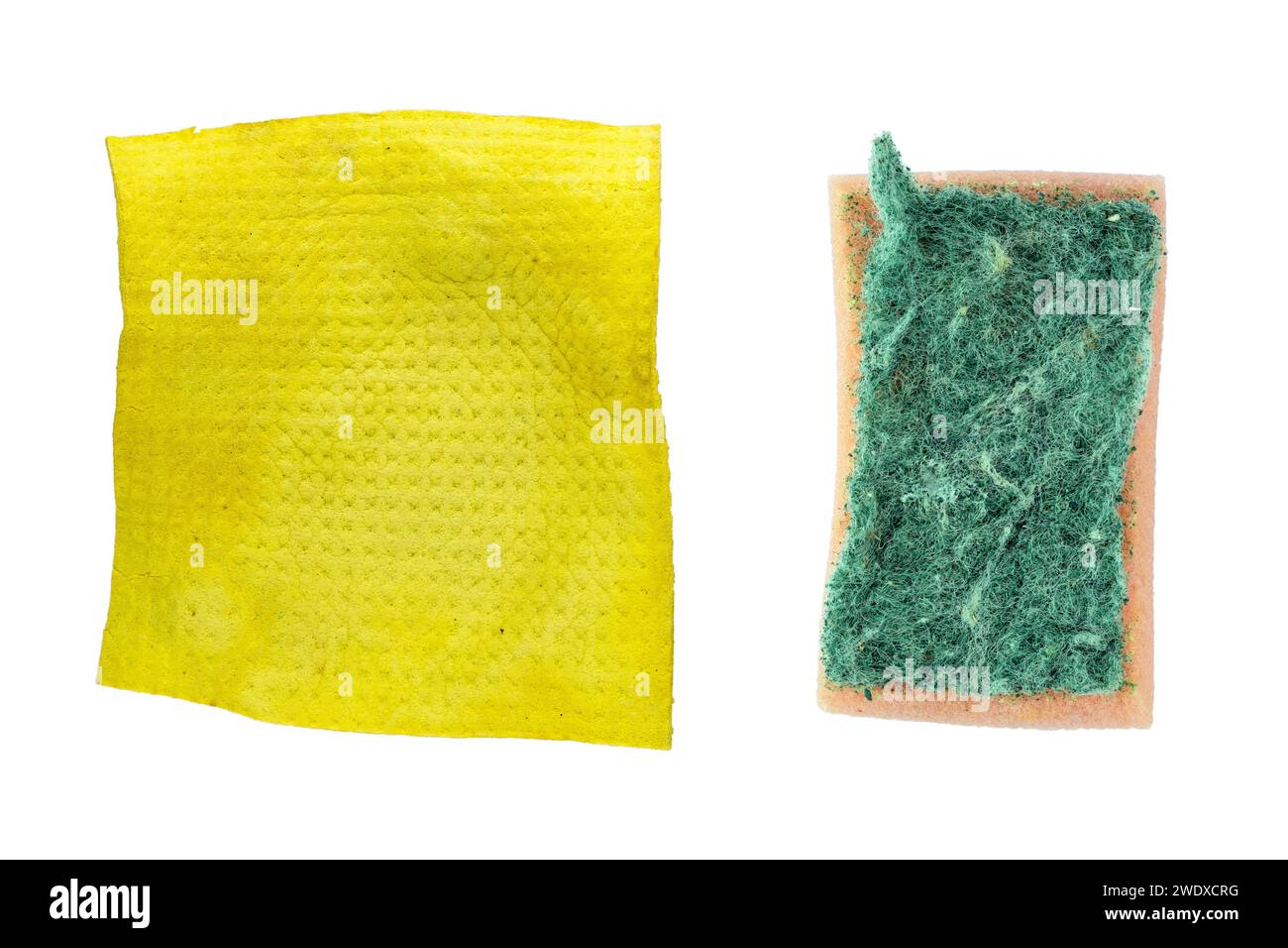 Used scrub cleaning sponge and kitchen sponge cloth isolated on white ...