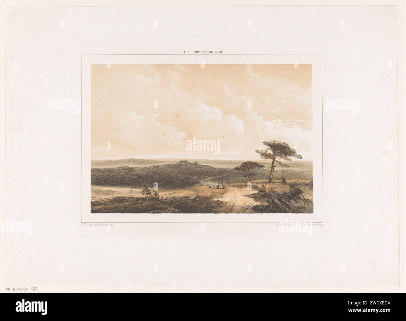 Heathland with a resting walker and shepherd with herd, Johannes ...