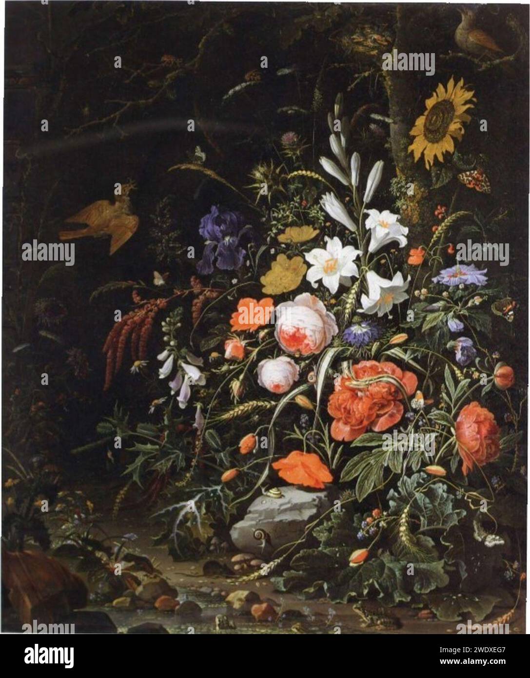 Abraham Mignon - Roses, lilies, foxgloves and other flowers with birds ...