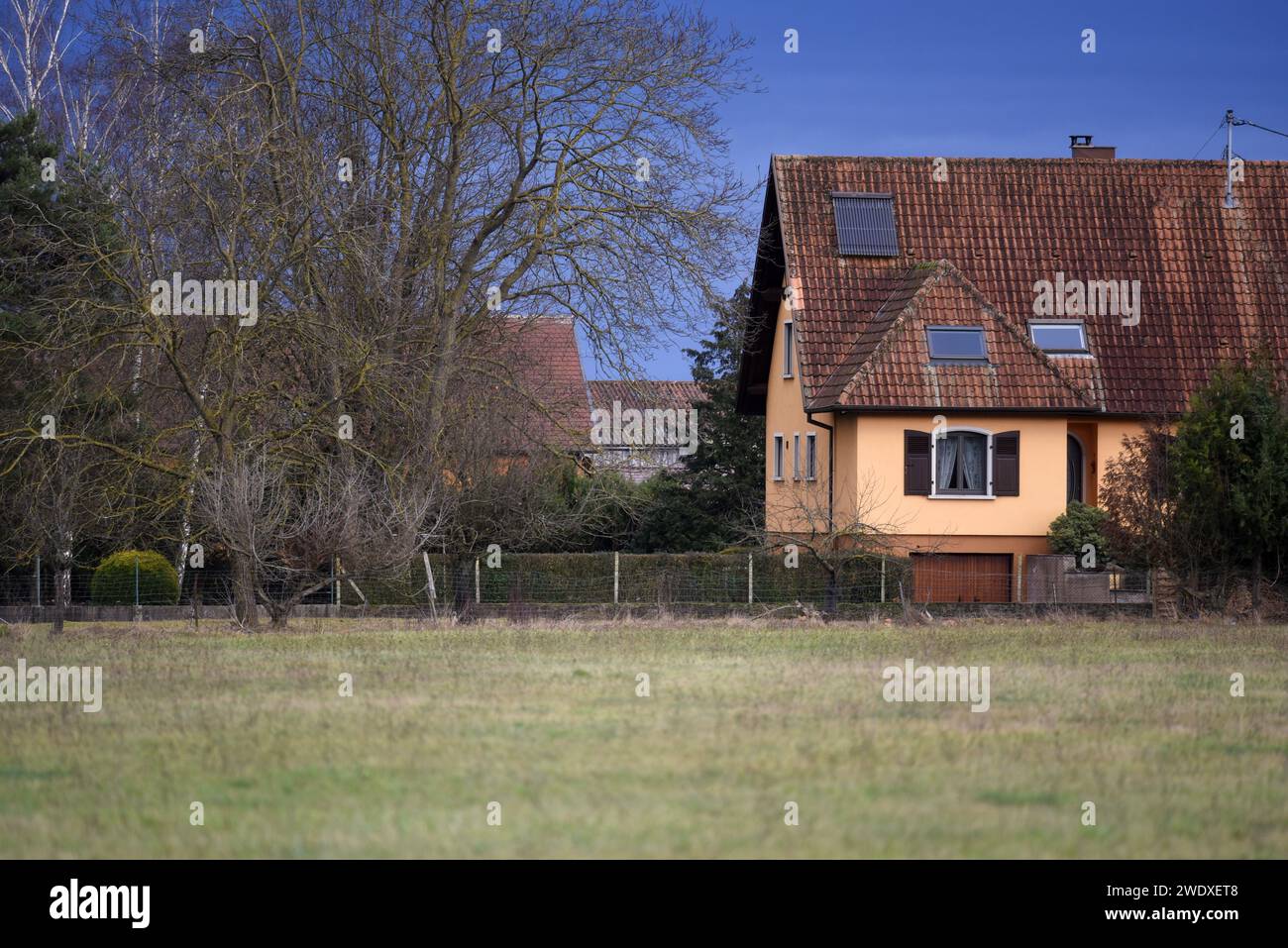 Landscape with scenic view of a rural cottage in the picturesque ...