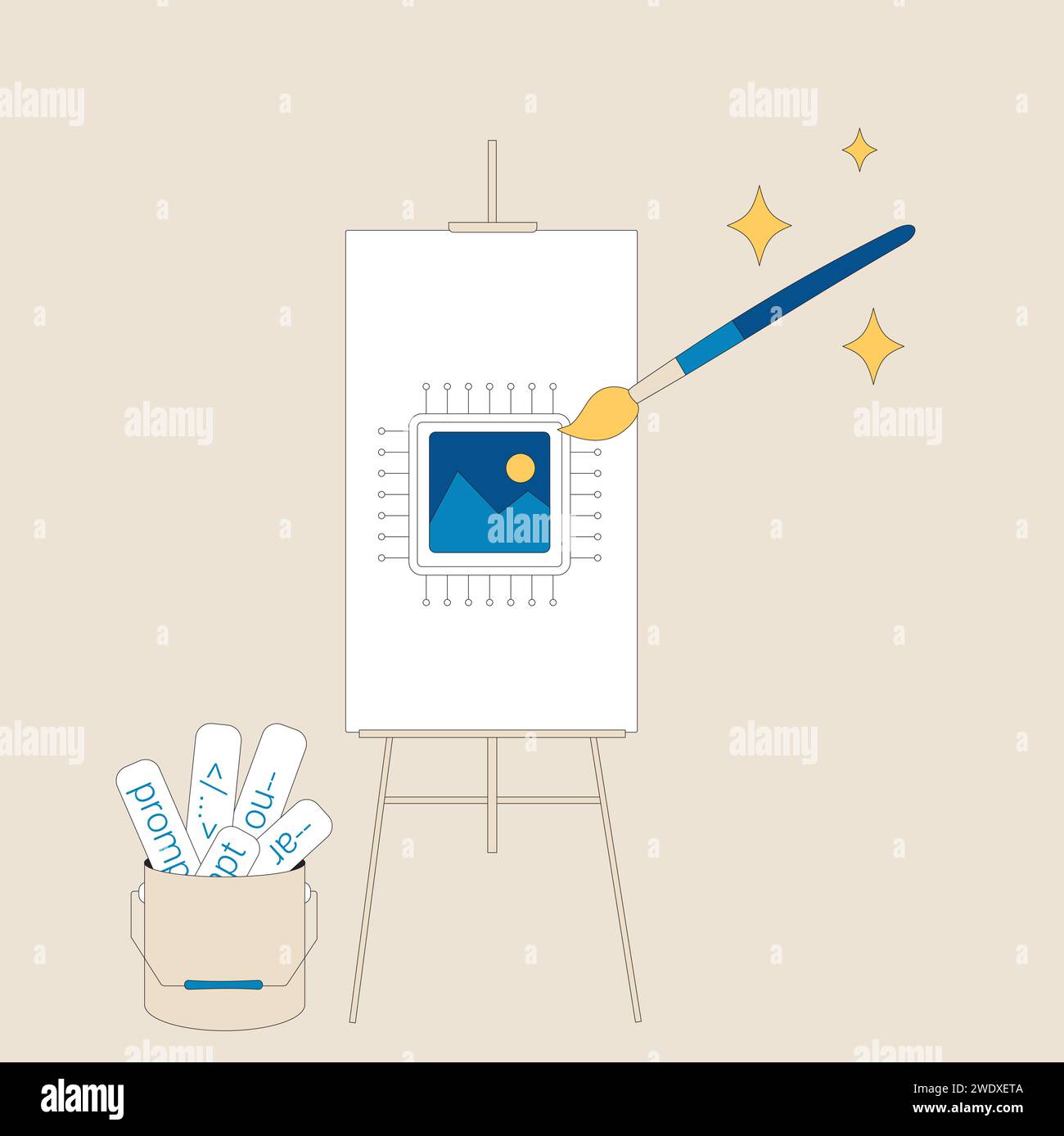 Text to image prompt engineering tools. Neuron network in visual art. Chip symbol as a painting ...