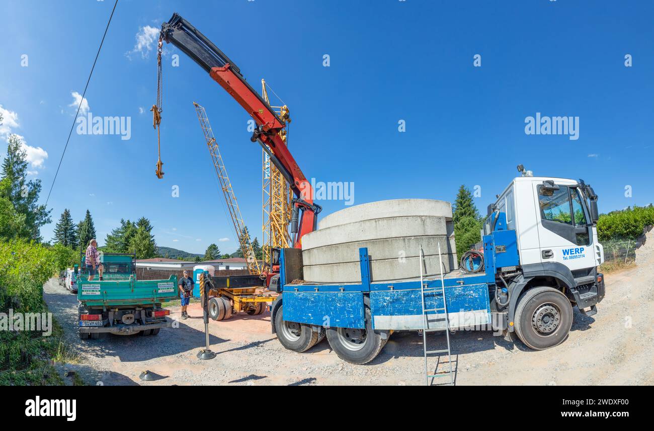 Fischbach, Germany - July 21, 2020: large lorry transports the crane to ...