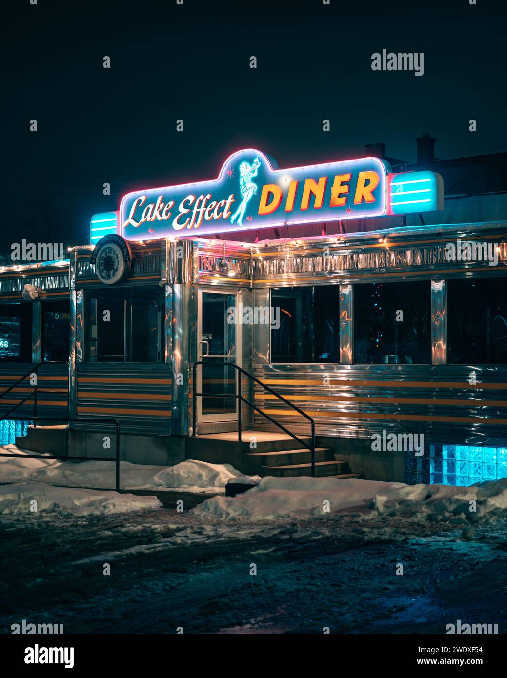 Lake Effect Diner vintage sign at night with snow, Buffalo, New York ...