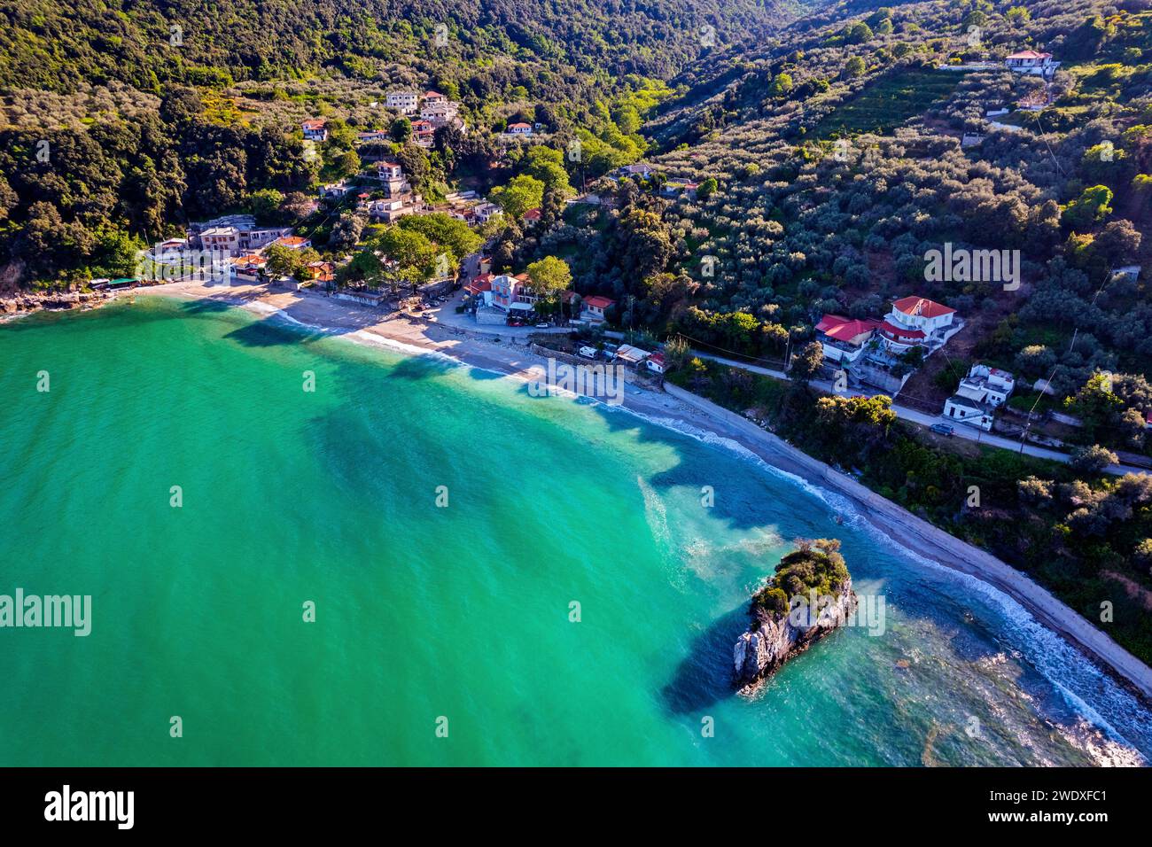 Aerial view of Kamari beach, the "seaport" of Keramidi village, North ...