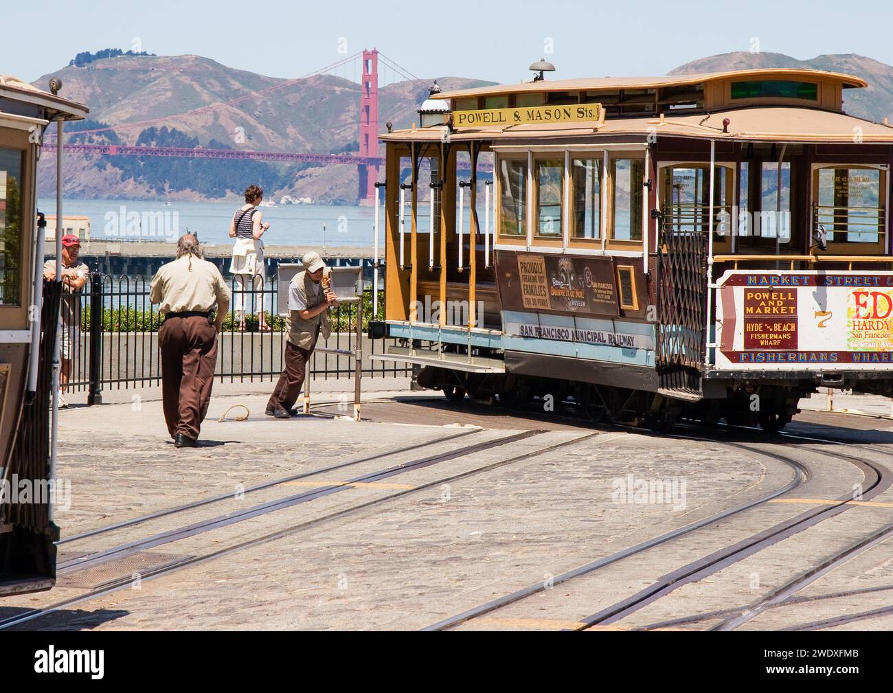 San Francisco, USA - June 20, 2008: conductor turns the cable car at ...