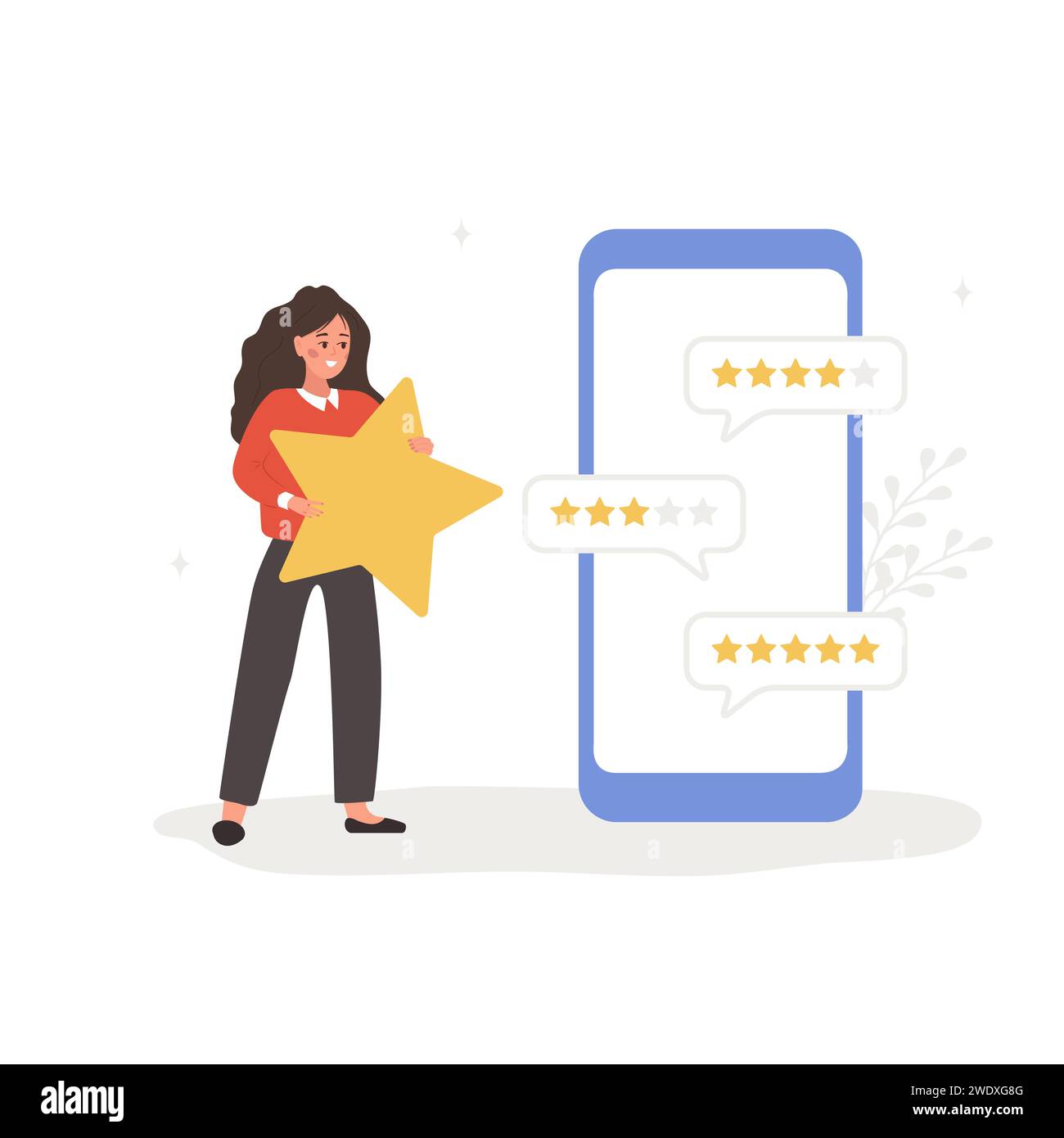 Customer feedback. Mobile phone screen with clients reviews. Woman with ...