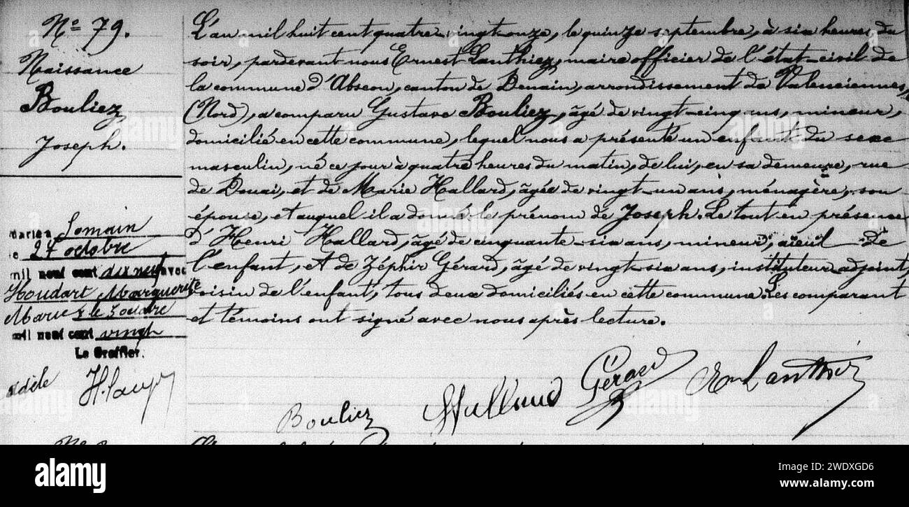 Abscon - Acte de naissance de Joseph Bouliez, daté du 15 septembre 1891 ...