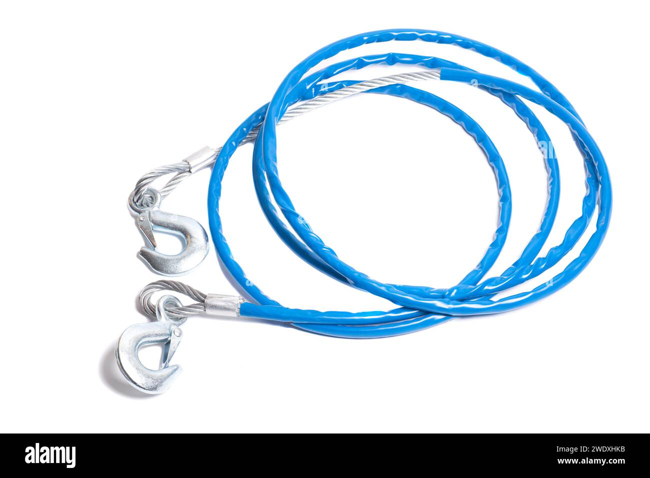 steel car tow rope with hooks in blue braid isolated on white ...