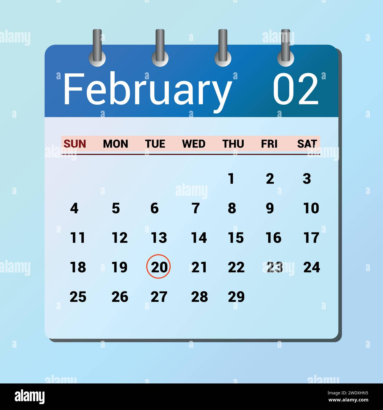 February 20. Flat icon calendar isolated on blue background. Date and ...