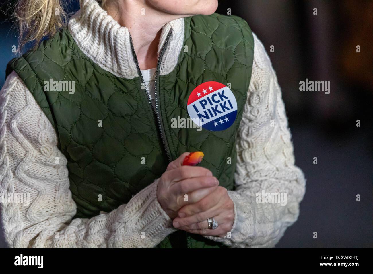 FRANKLIN, NEW HAMPSHIRE - JANUARY 22: A person wears a “I pick Nikki ...