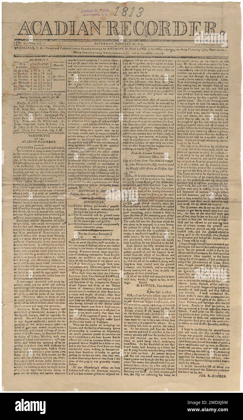 Acadian Recorder Volume 1 Number 1 Frontpage Stock Photo - Alamy