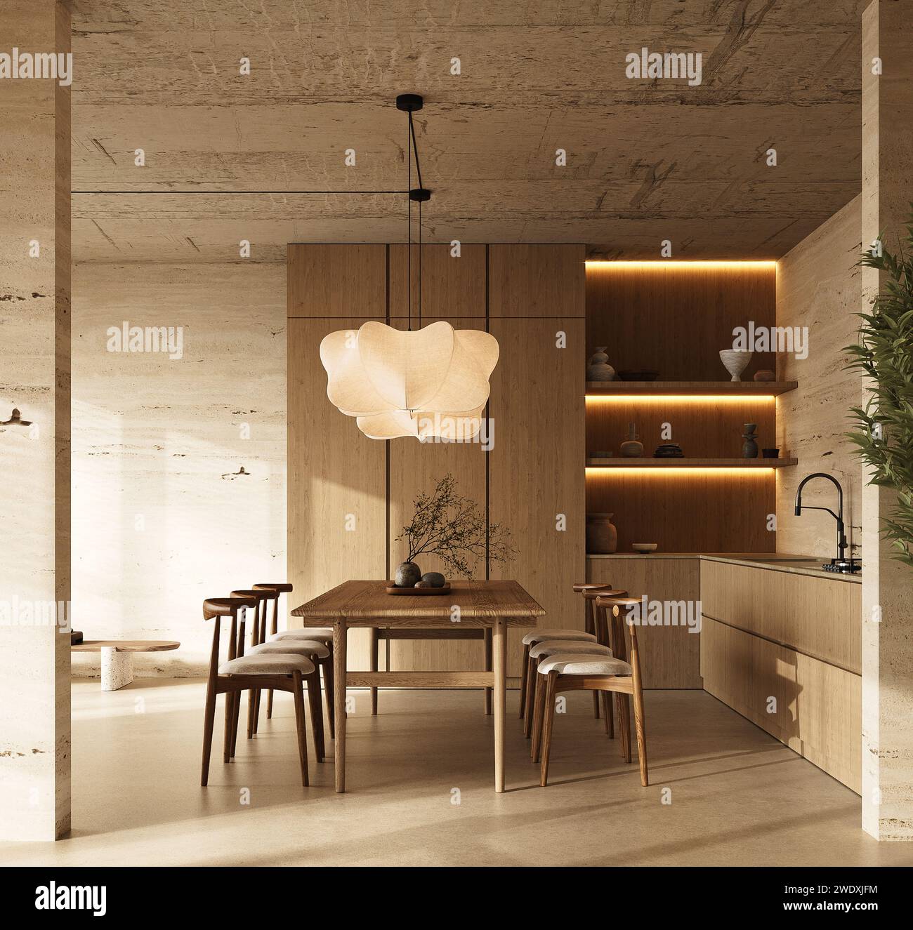 Elegant dining space with modern aesthetics and wooden elements Stock ...