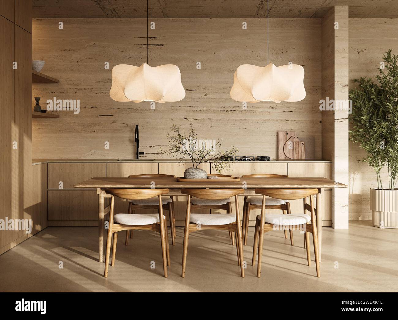 Contemporary kitchen dining area with designer pendant lights Stock ...