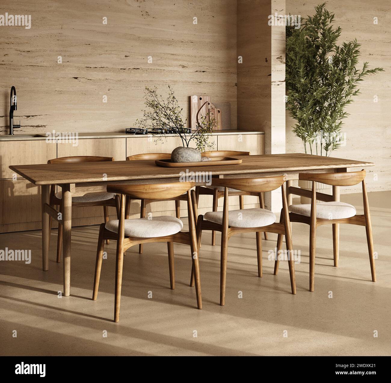 Stylish kitchen dining setup with wooden elements and ambient light ...