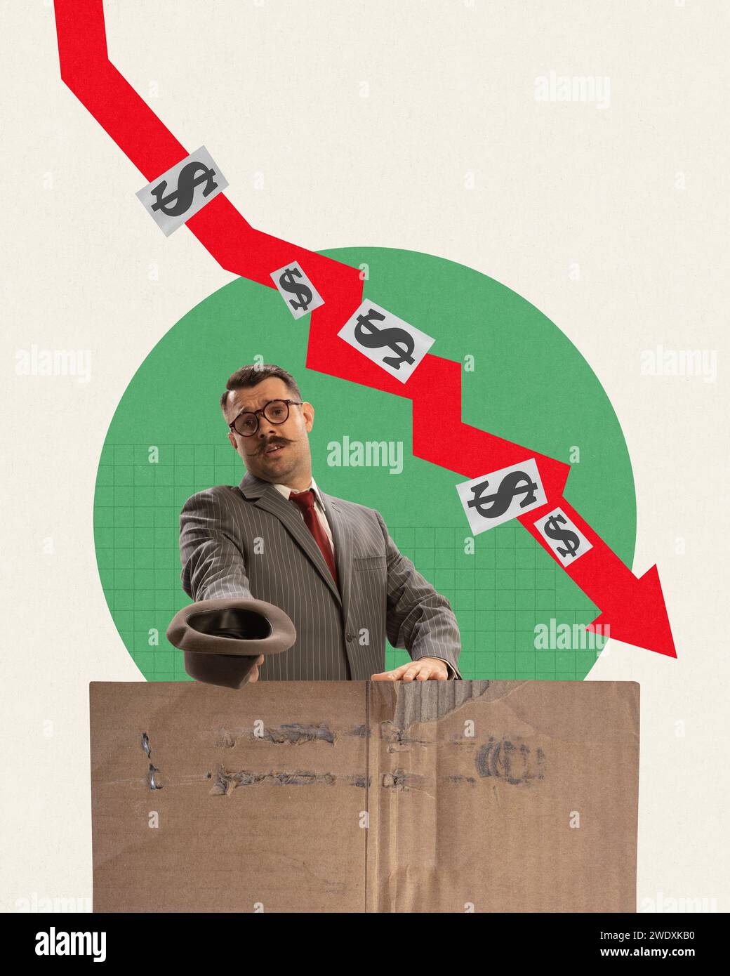 Businessman with desperate face stands with outstretched hand holding ...