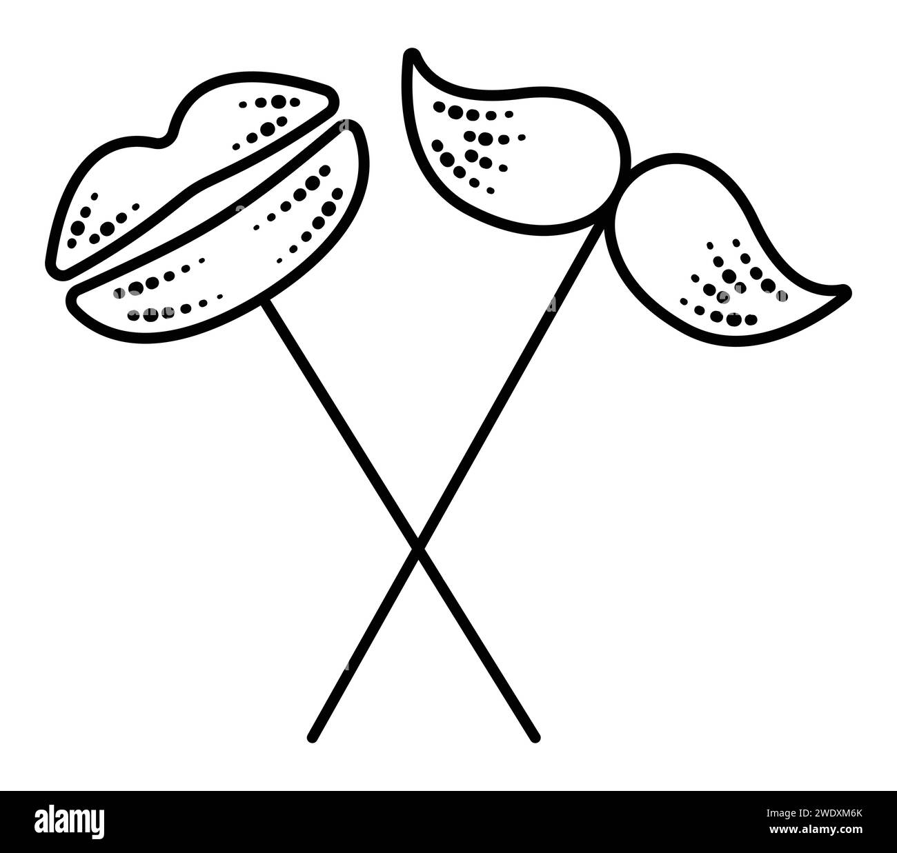 Two cute masquerade masks on sticks, lips and mustache, black and white ...