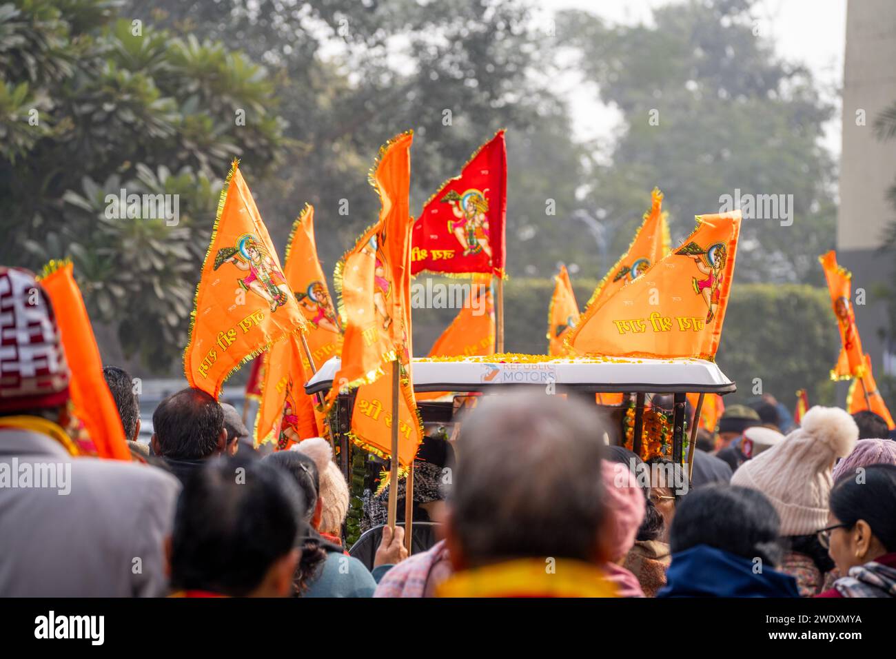 Crowd of people walking on Shobha yatra walk carrying flag celebrating ...