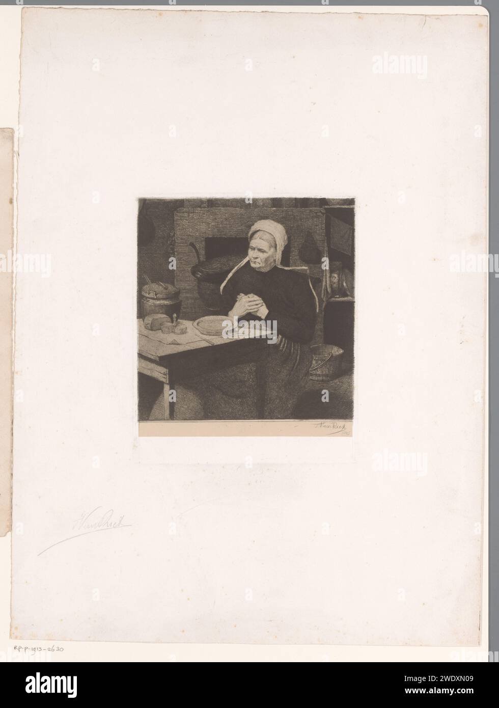Old woman sat at a set table in a kitchen, T. van Riet, 1885 print ...