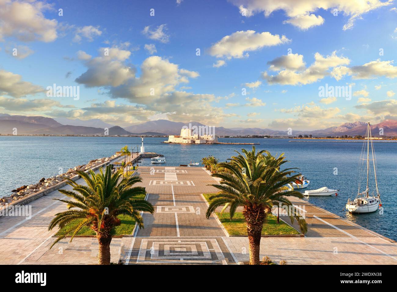 The castle of Bourtzi in the bay of Nafplio at Argolida in Peloponnese ...