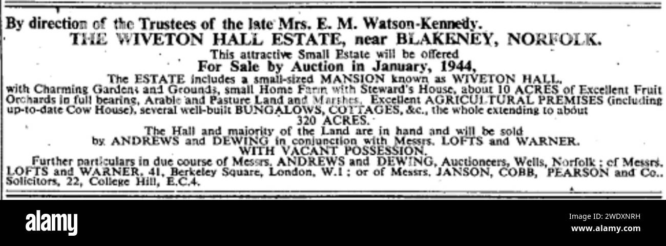 Ad for Wiveton Hall 1943 Stock Photo - Alamy