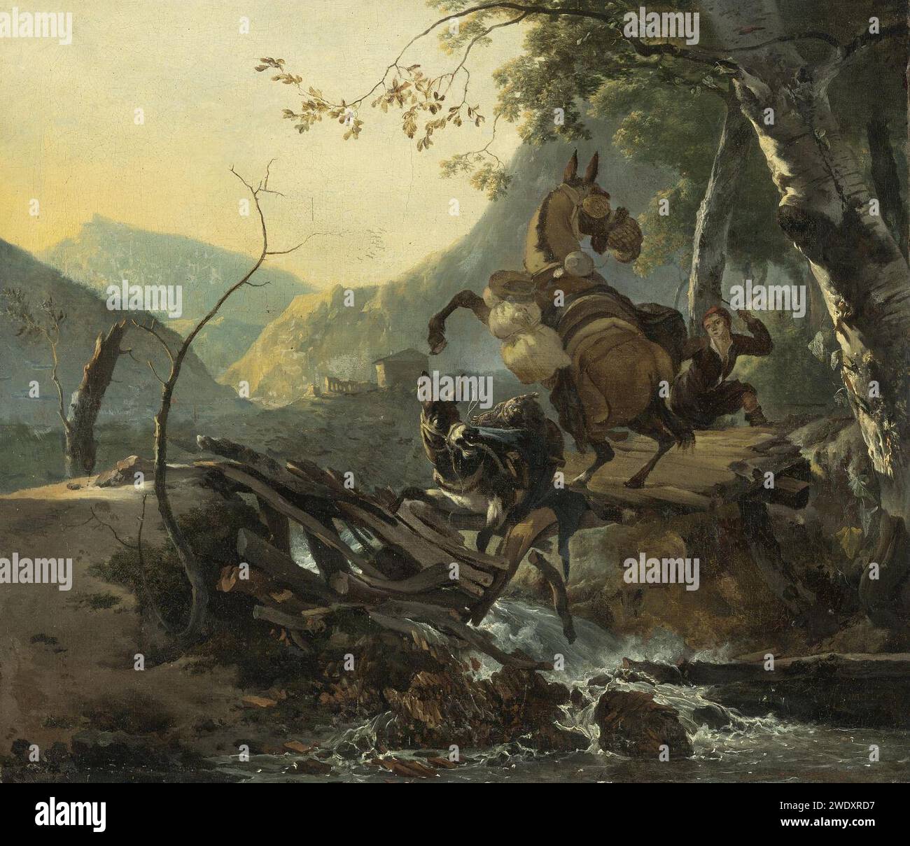 Adam Pijnacker - Italianate Landscape with a Donkey and a Rearing Horse ...