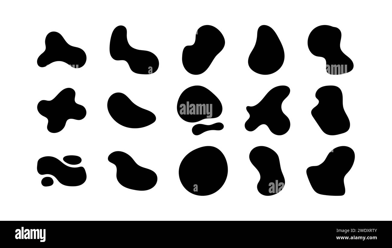 Abstract organic black fluid blobs and liquid shadows random shapes. Liquid shapes, round ...