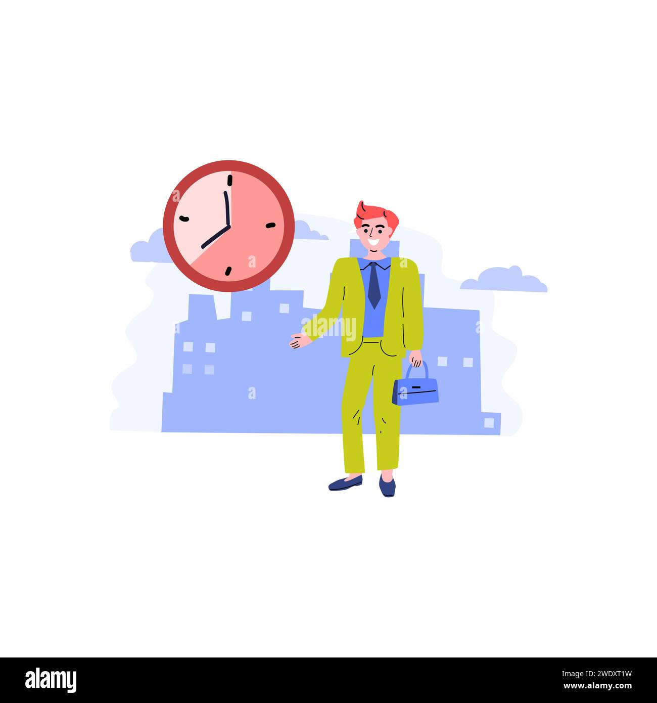 Business waiting - man in suit with clock standing. Vector illustration ...