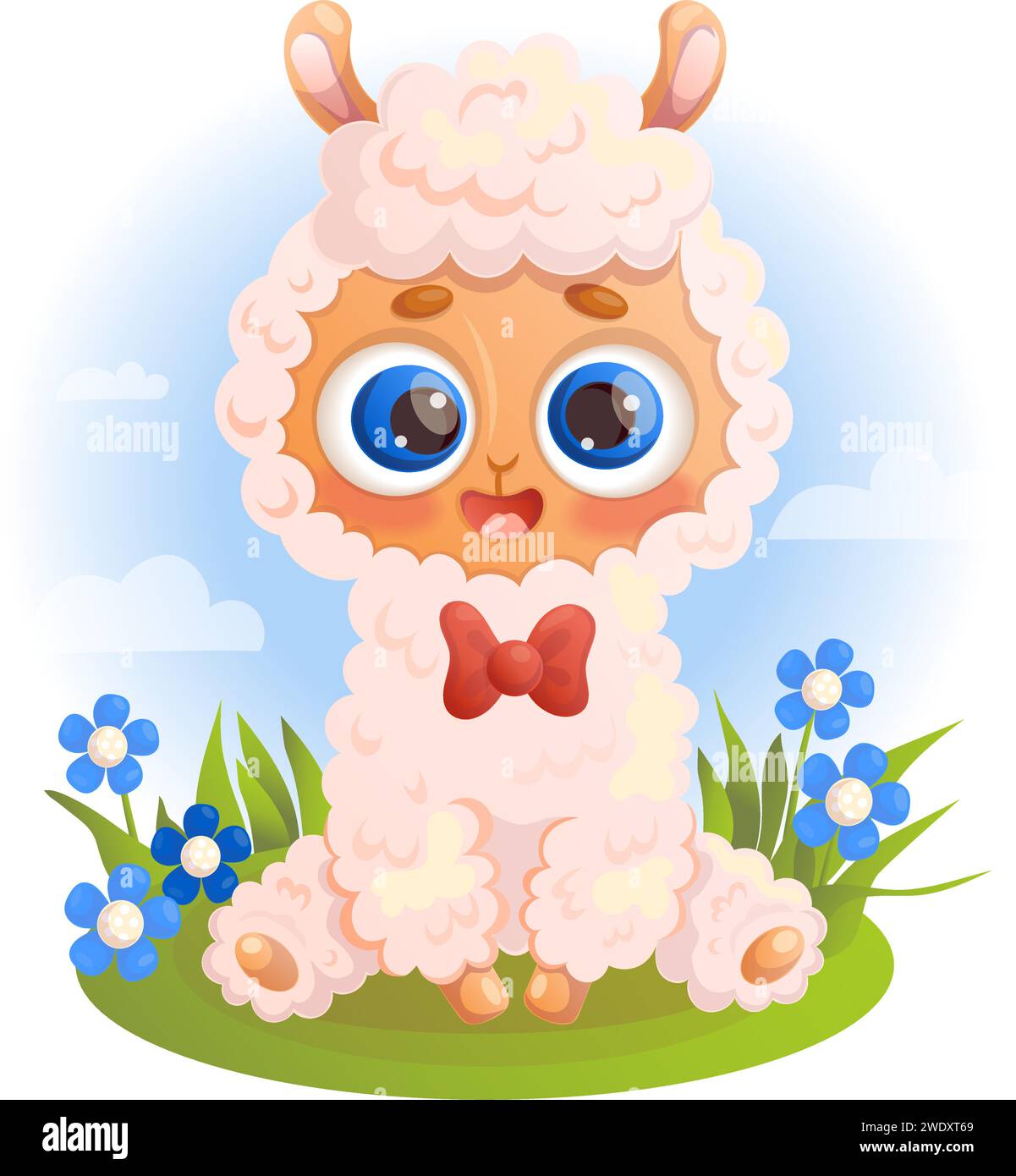 Happy baby Llama. Cute alpaca sitting animal in clearing with blue ...