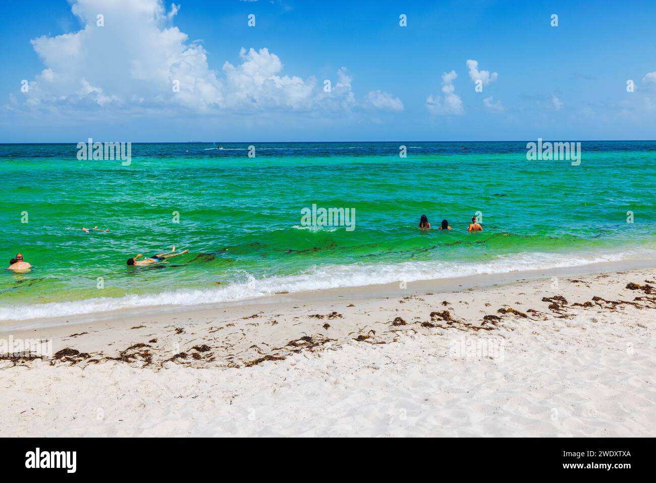Beautiful view of people relishing a dip in the azure waters of the ...