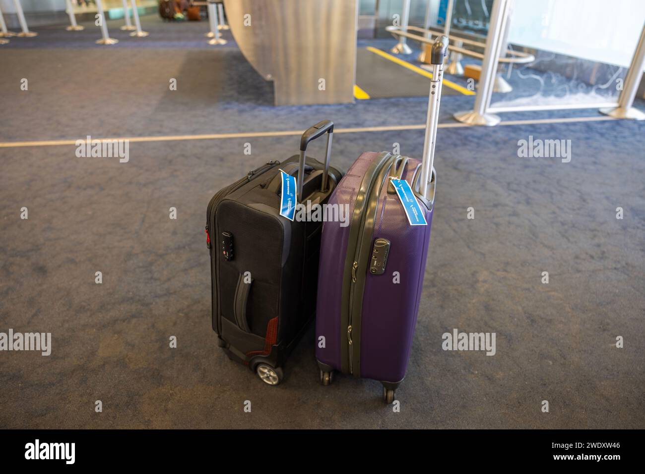 View of two carry-on suitcases standing on airport floor, with special ...