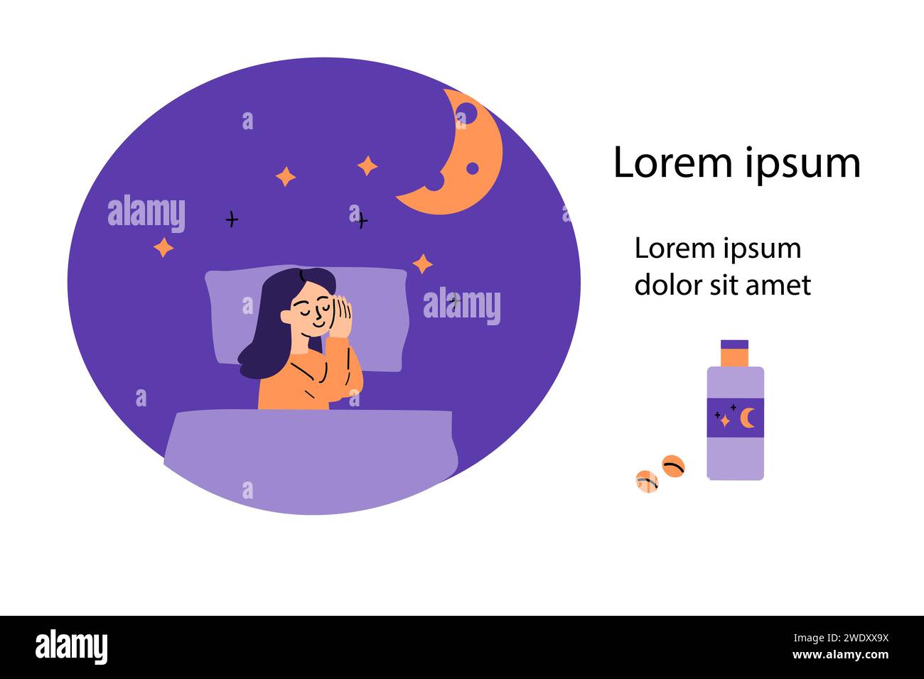 cartoon sleep woman in bedtime with sleeping pills. Set of items for ...