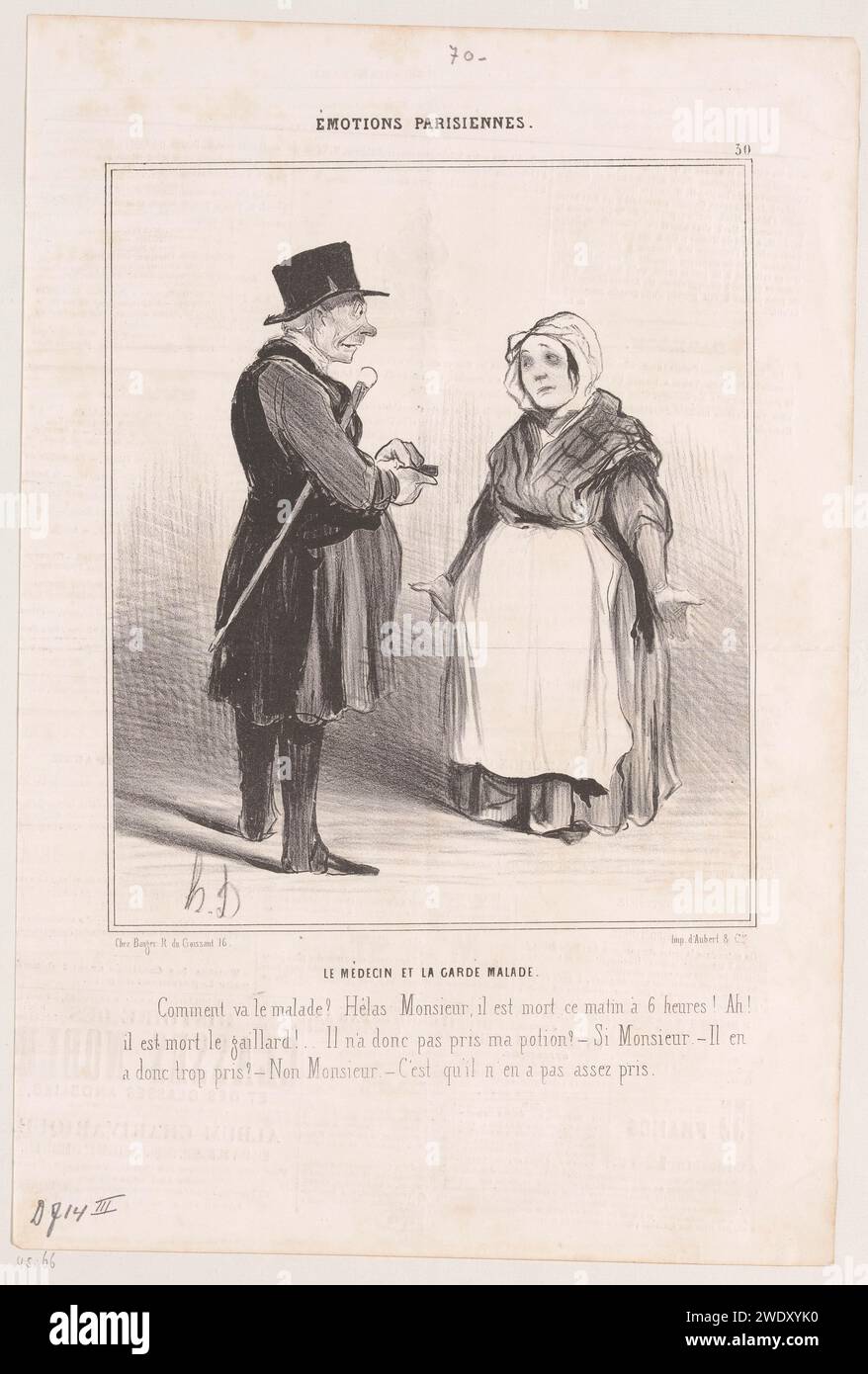 Woman tells doctor that sick man died, Honoré Daumier, 1840 Paris paper ...