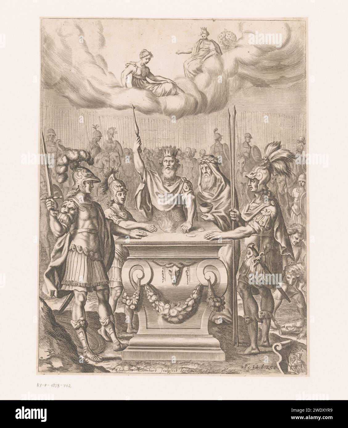 King with four men around an altar where a fire burns, Pierre Lombard ...