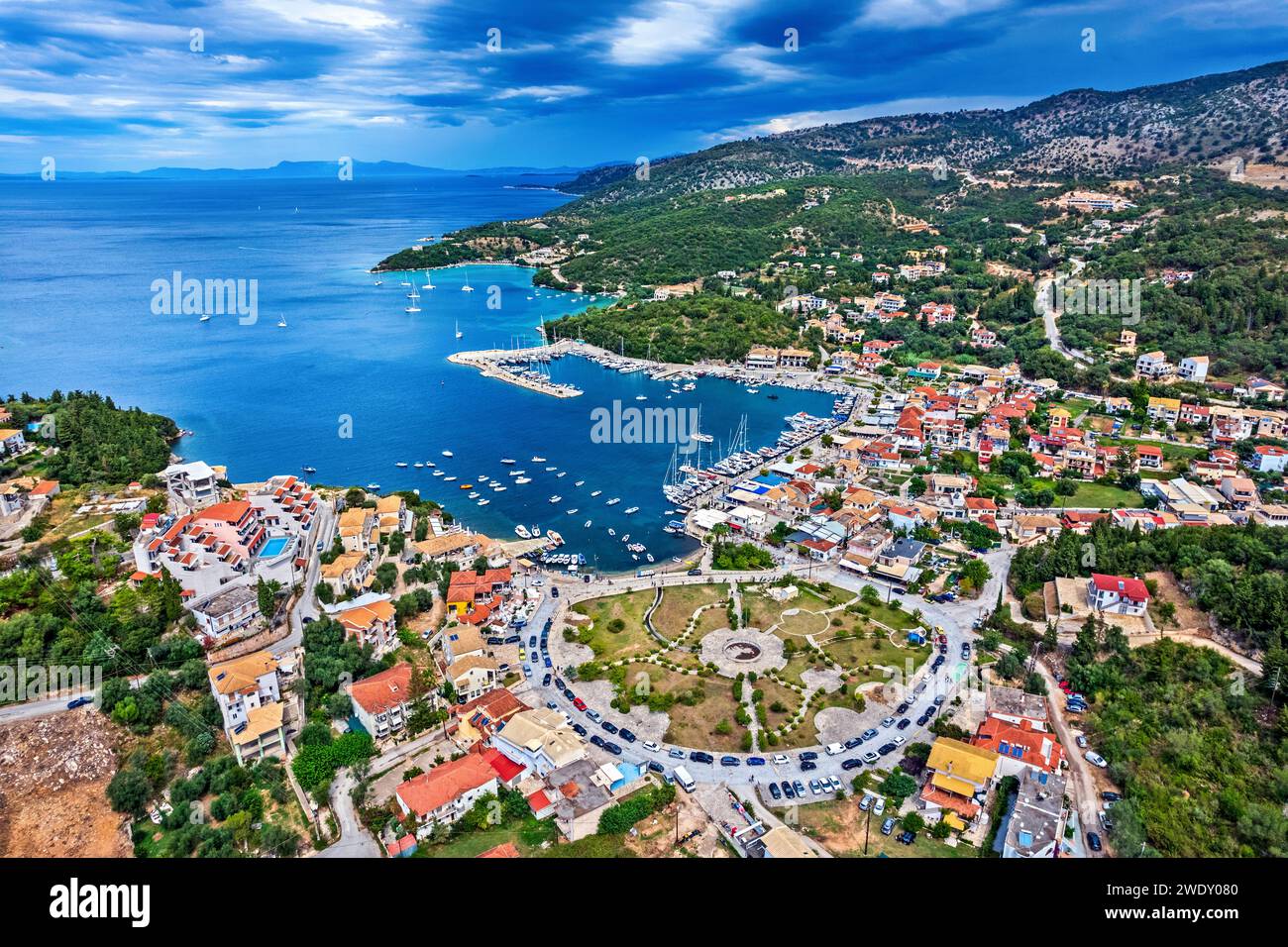 Aerial view of the picturesque small port of Syvota (or "Sivota") town ...